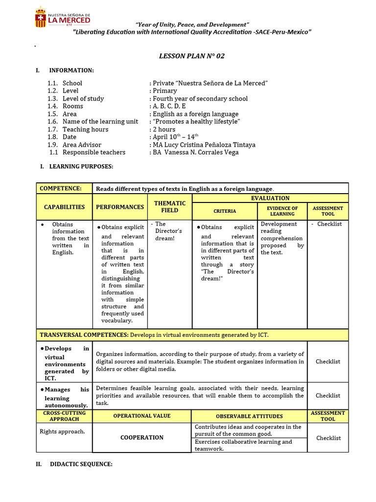 I Term - Lesson Plan 2 Unit 02 - 5TH Grade - Corrales | PDF ...