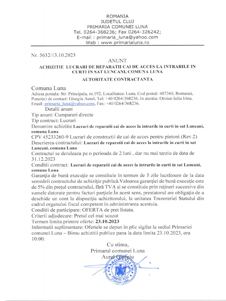 Anunt Achizitie Directa Reparatii Cai de Acces in Curti Luncani | PDF