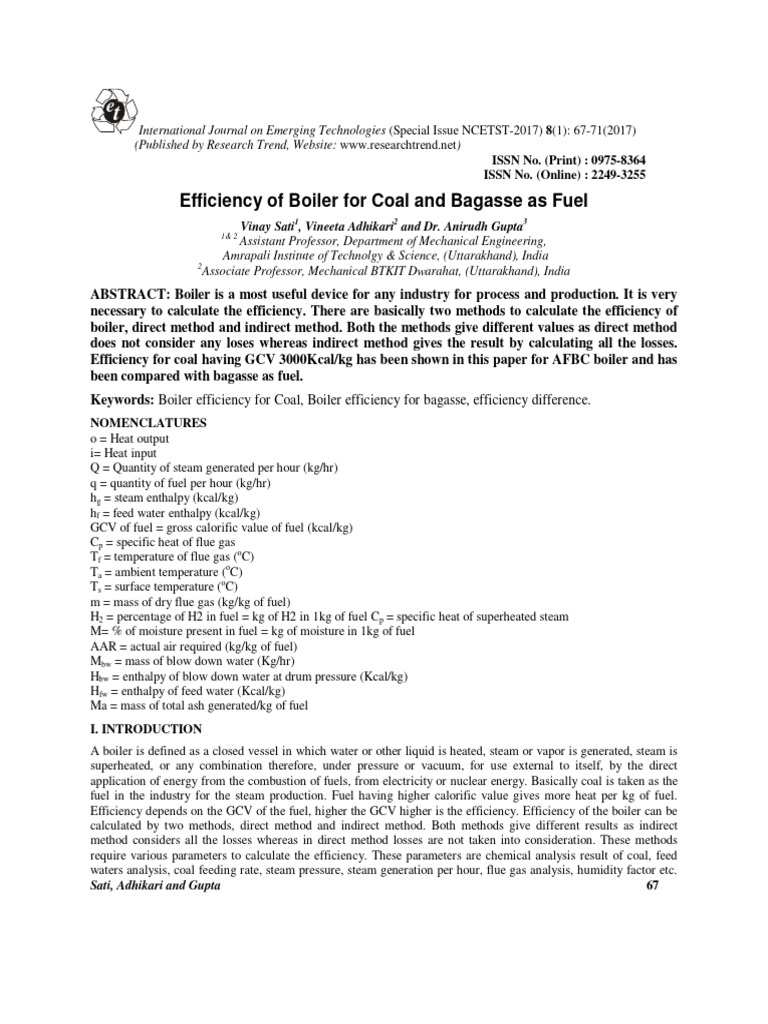 Efficiency of Boiler For Coal and Bagasse As Fuel: International ...