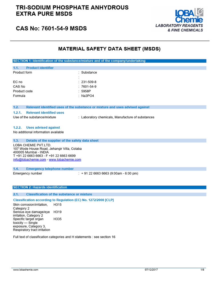 tri-SODIUM PHOSPHATE ANHYDROUS Extra Pure MSDS - CAS 7601-54-9 MSDS ...