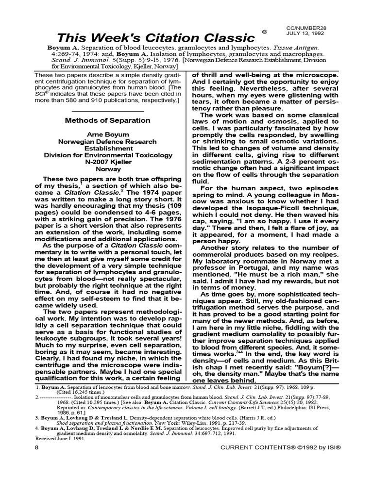 Boyum 1992 | PDF | White Blood Cell | Blood