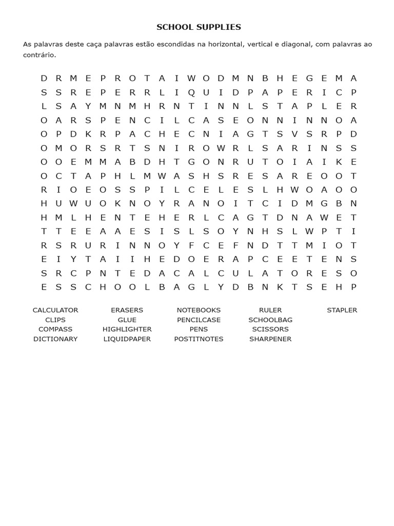 SCHOOL SUPPLIES - Imprimir Caça Palavras | PDF