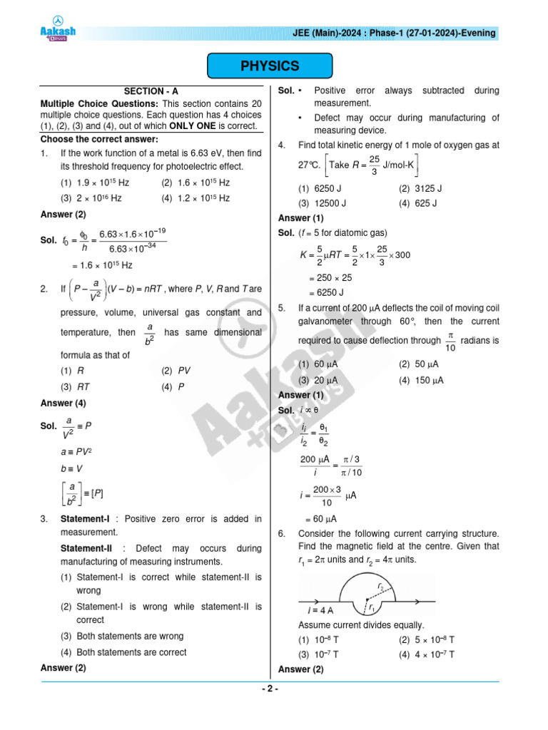 Jee Main 2024 Shift2 Jan27 Physics Evening | PDF | Transformer | Gases