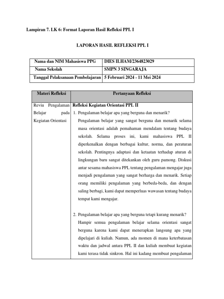 Topik 5 PPL II LK 6 - Laporan Hasil Refleksi PPL II | PDF | Karier & Perkembangan