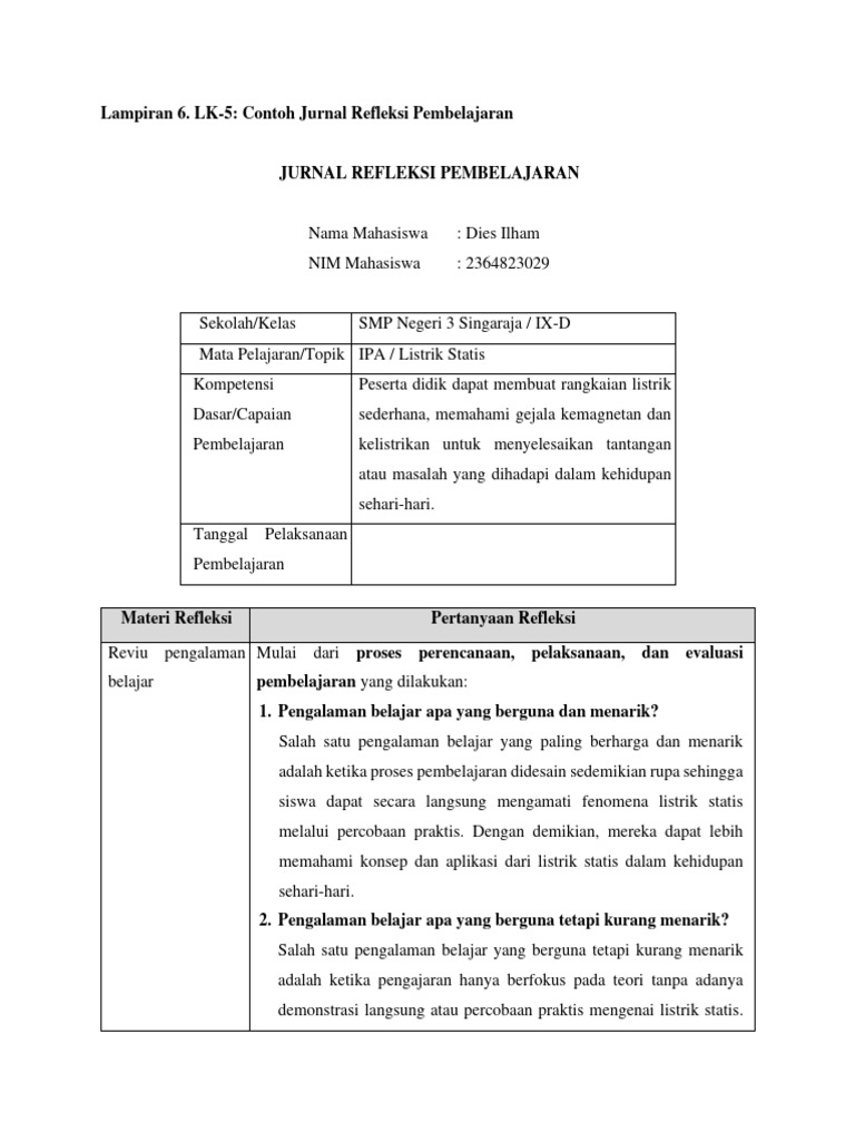 Topik 4 PPL II Lampiran 6. LK-5 Jurnal Refleksi Pembelajaran - Siklus 2 ...