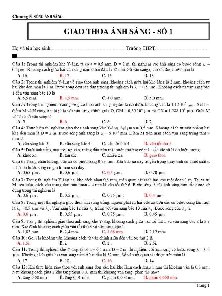 BT Giao Thoa Ánh Sáng | PDF