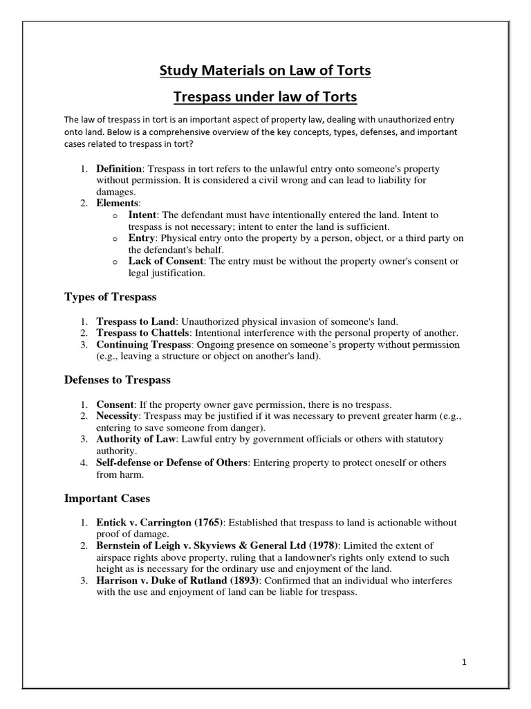 Overview of Torts: Trespass & Negligence | PDF | Trespass | Defamation