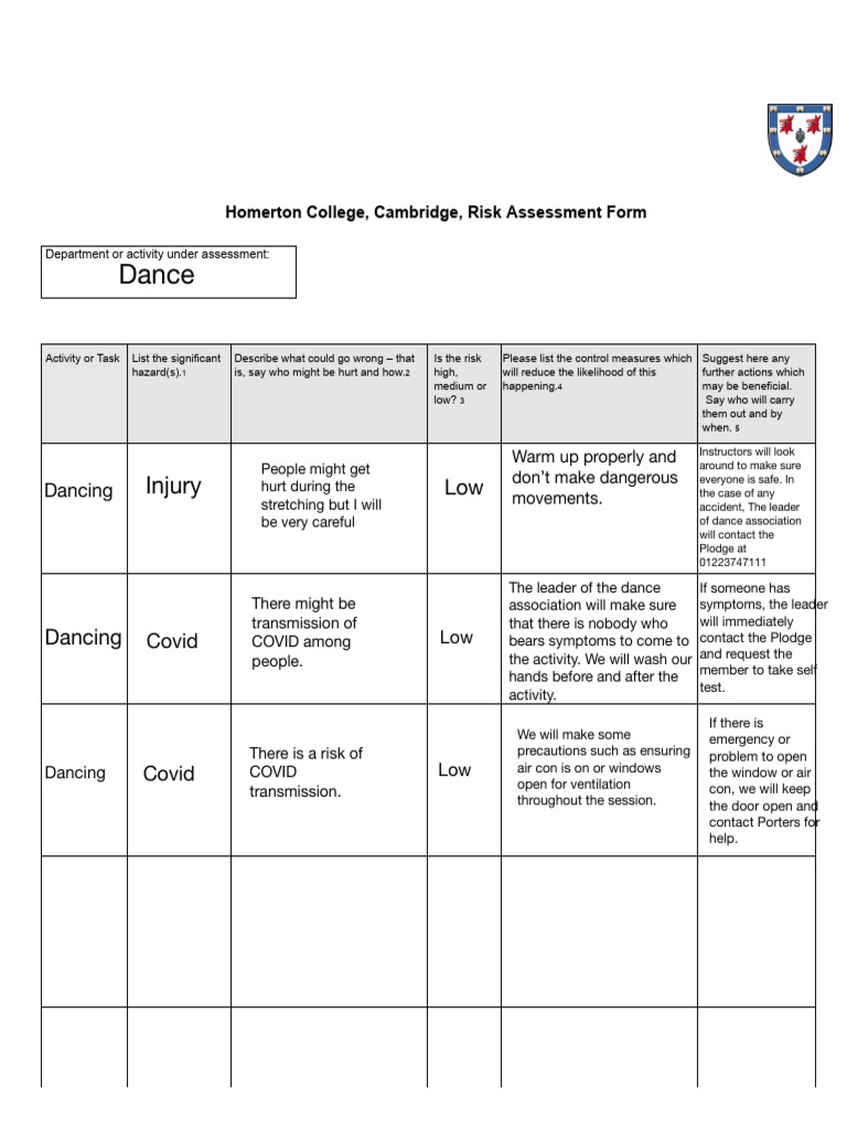 Homerton College Dance Risk Assessment | PDF | Risk | Personal ...