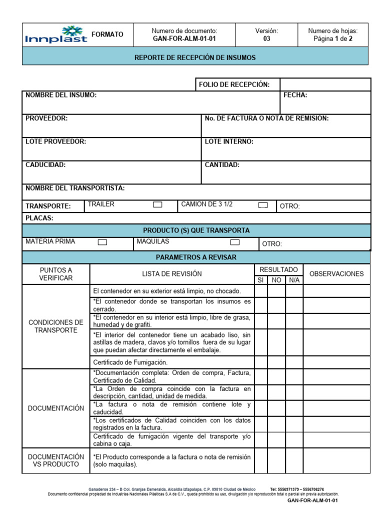 Gan For Alm 01 01 Recepcion De Insumos Pdf
