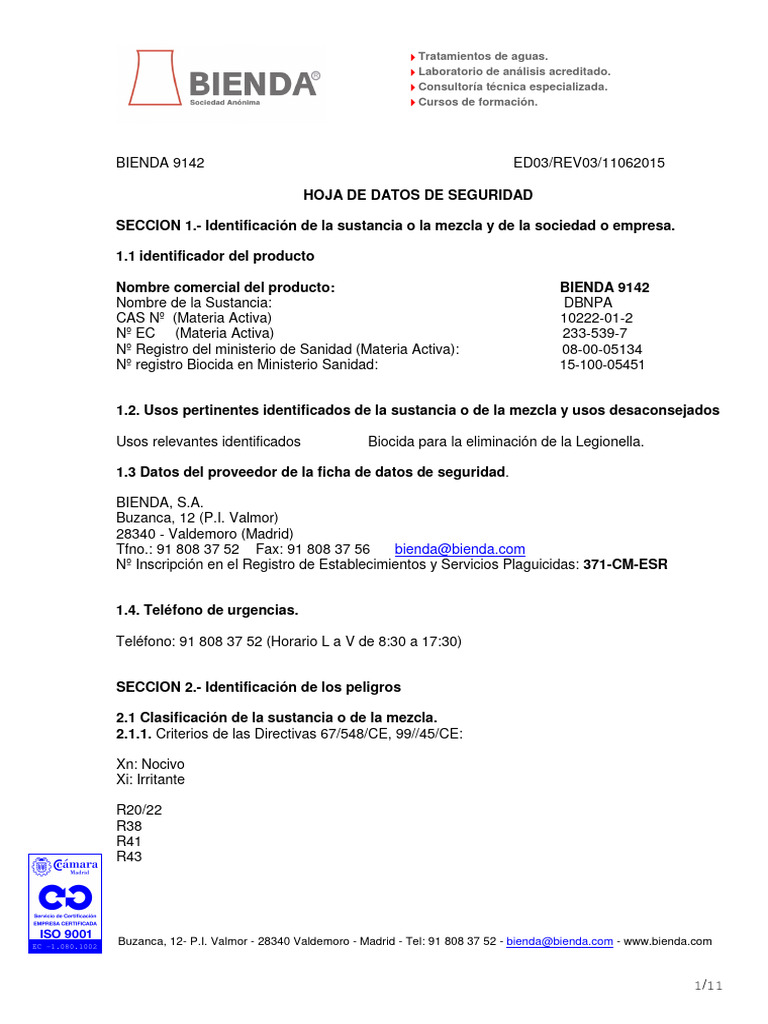 Ficha de Seguridad del Biocida BIENDA 9142 | PDF | Agua | Laboratorios