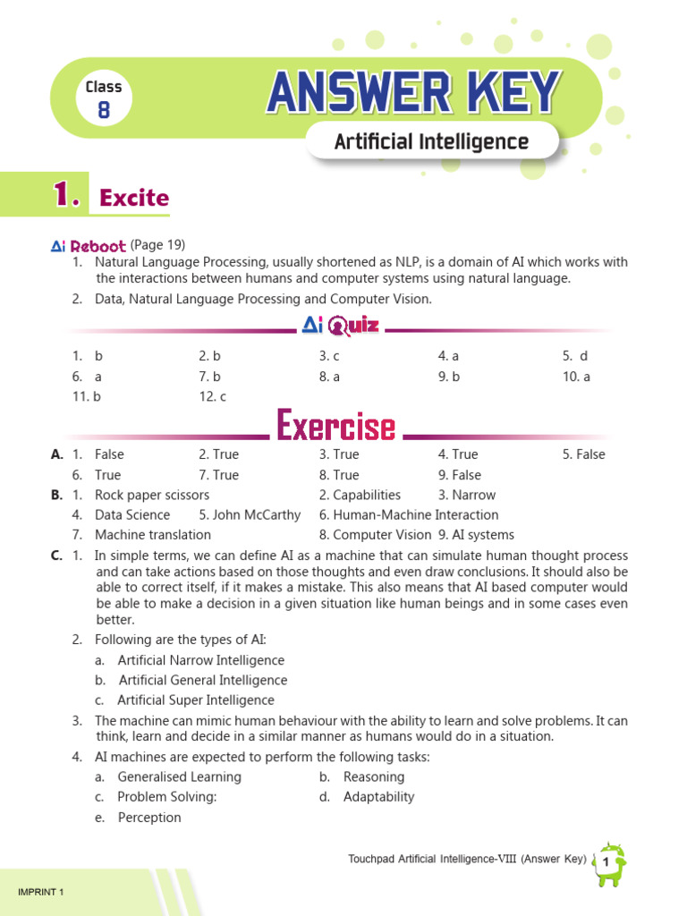 Answer Key of Worksheets-Class 8 AI | PDF | Artificial Intelligence ...