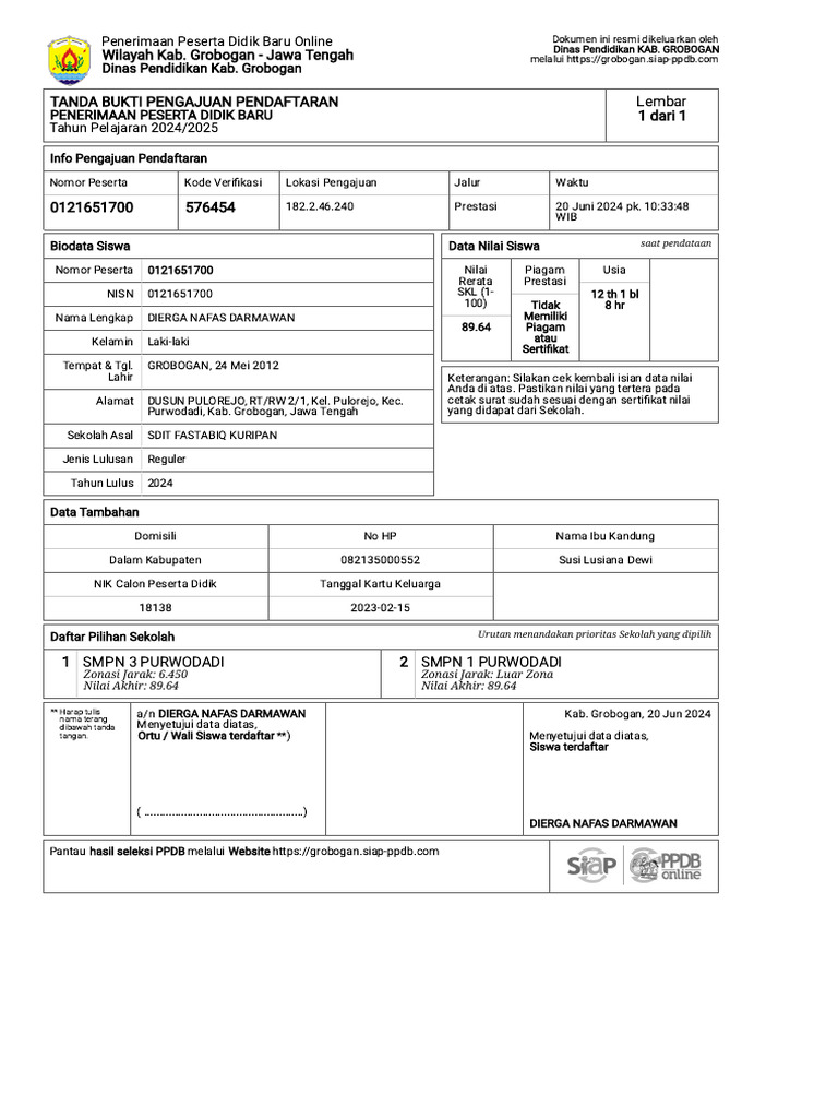 Tanda Bukti Pengajuan Pendaftaran - 0121651700 - DIERGA NAFAS DARMAWAN | PDF