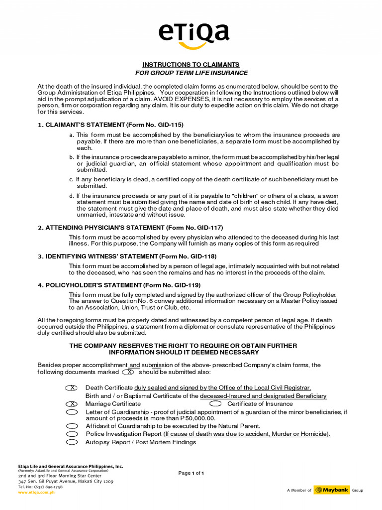 Etiqa-Instruction To Claimant | PDF | Insurance | Justice
