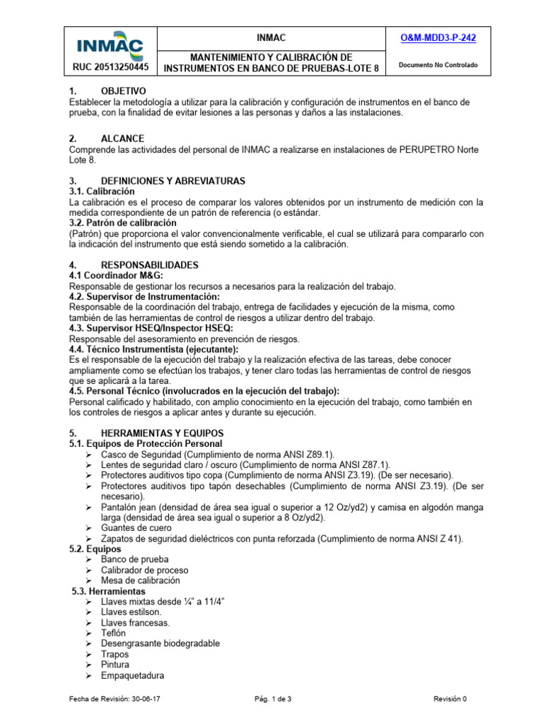 o&M-mdd3-P-242 Mantenimiento y Calibración de Instrumentos en Banco de Pruebas | PDF ...