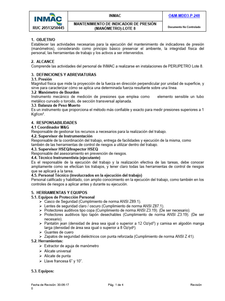 o&M-mdd3-P-248 Mantenimiento de Indicador de Presión (Manómetro) | PDF ...