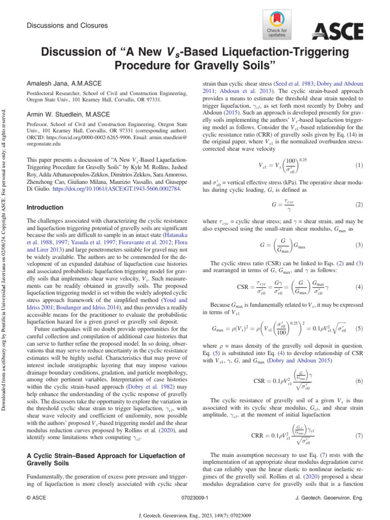 Jana Stuedlein 2023 Discussion of A New Vs Based Liquefaction Triggering Procedure For Gravelly ...