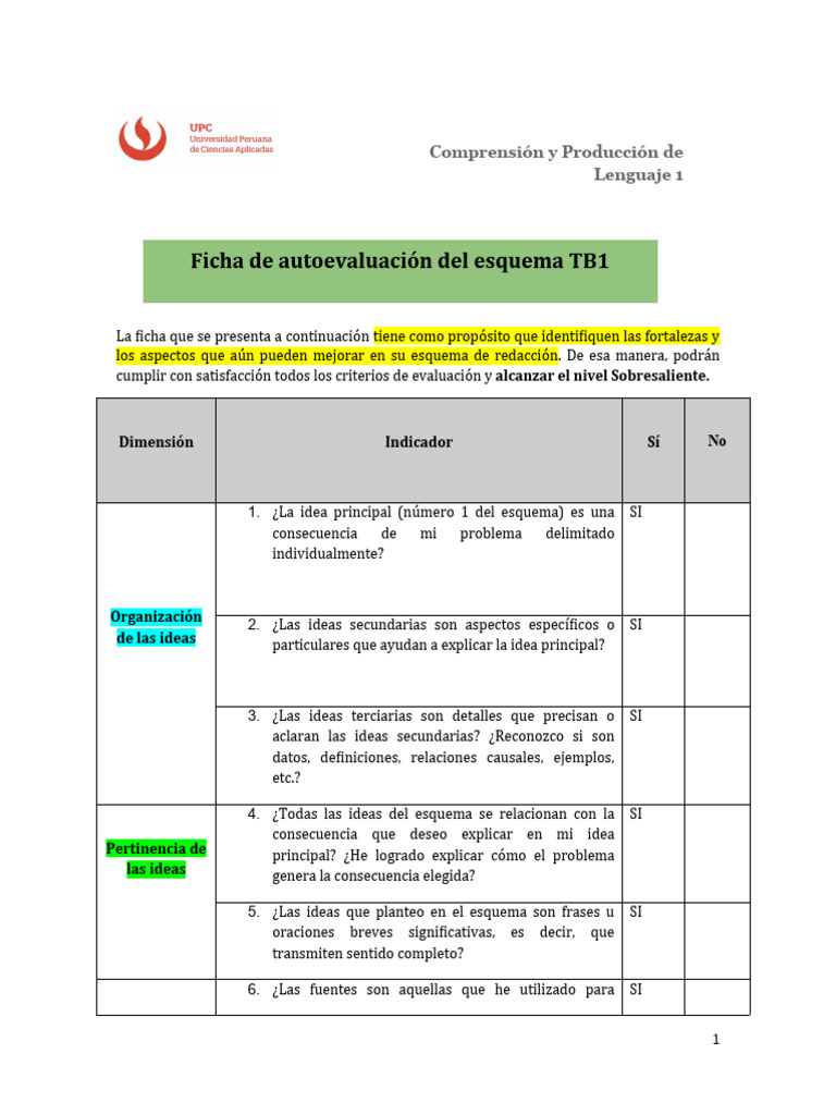 TB1 Ficha de Autoevaluación | PDF