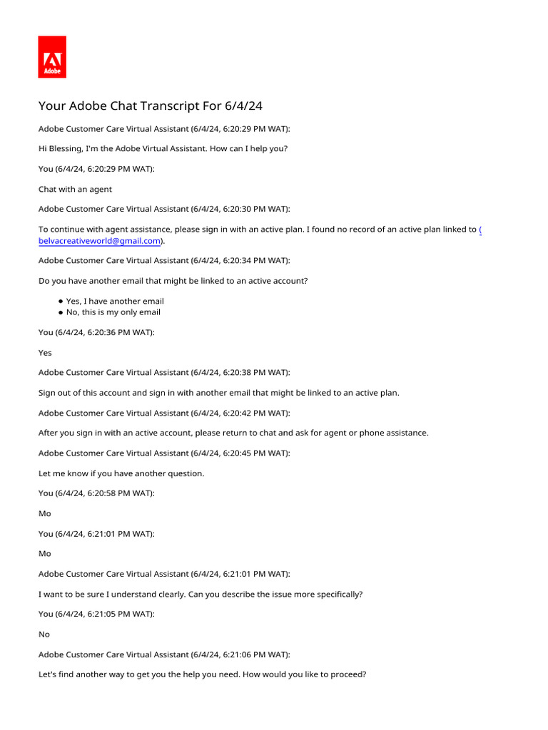 Adobe Chat Transcript 6-4-24 | PDF | Software | Computer Mediated ...
