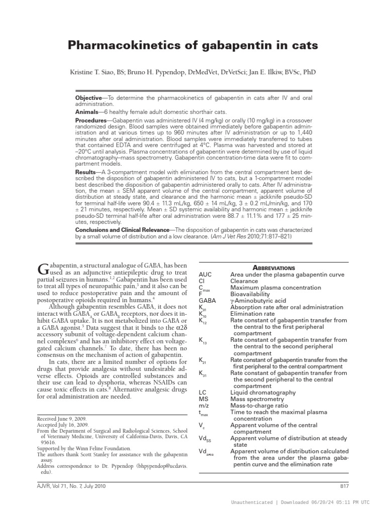 Pharmacokinetics of gabapentin in cats | Download Free PDF ...