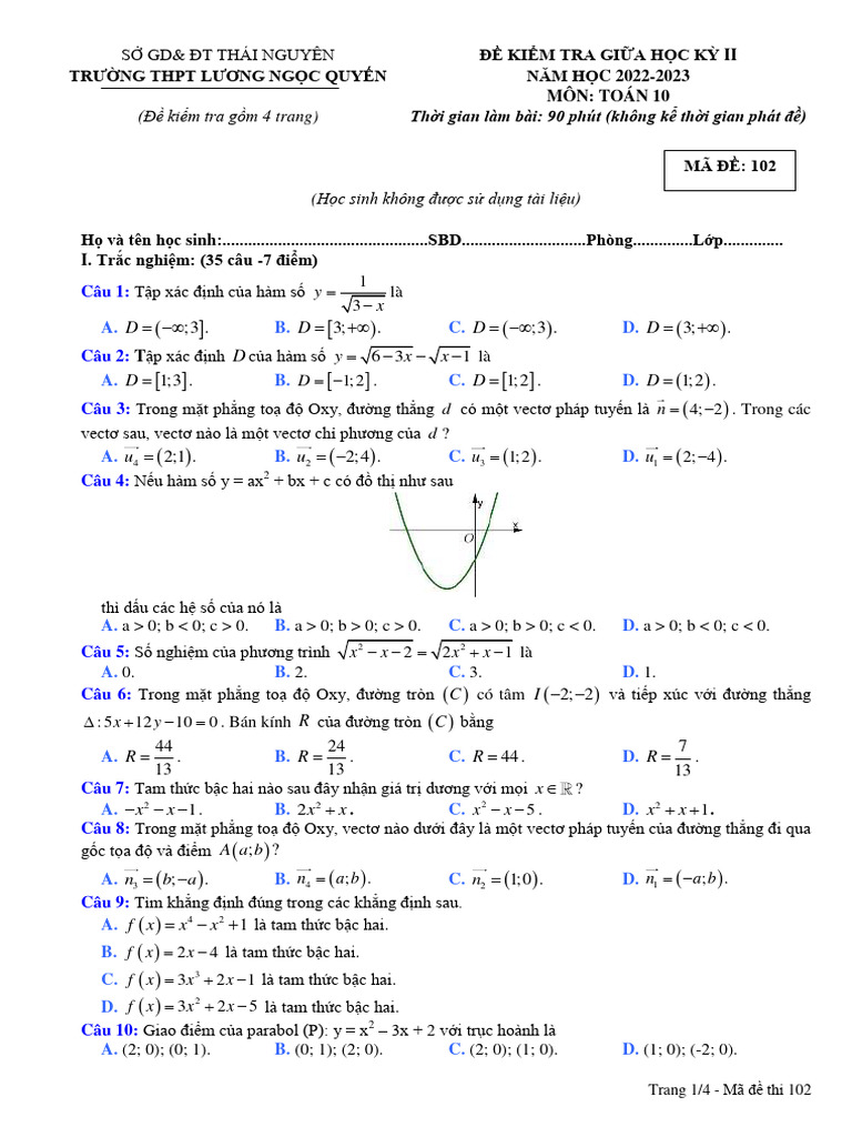 Đề Minh Họa Ktra Gk2-Toán 10-102-2023-2024 | PDF