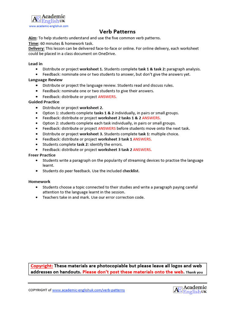 Verb Patterns Worksheet AEUK | PDF | Clause | Brand
