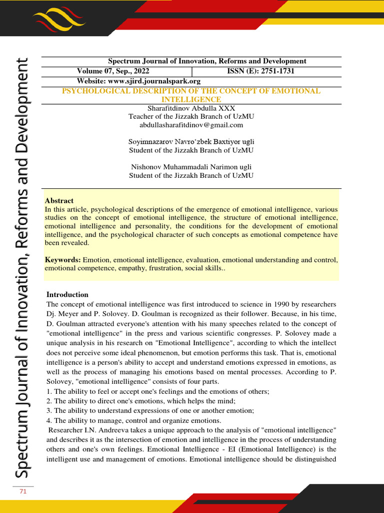 Psychological Description of The Concept of Emotional Intelligence ...