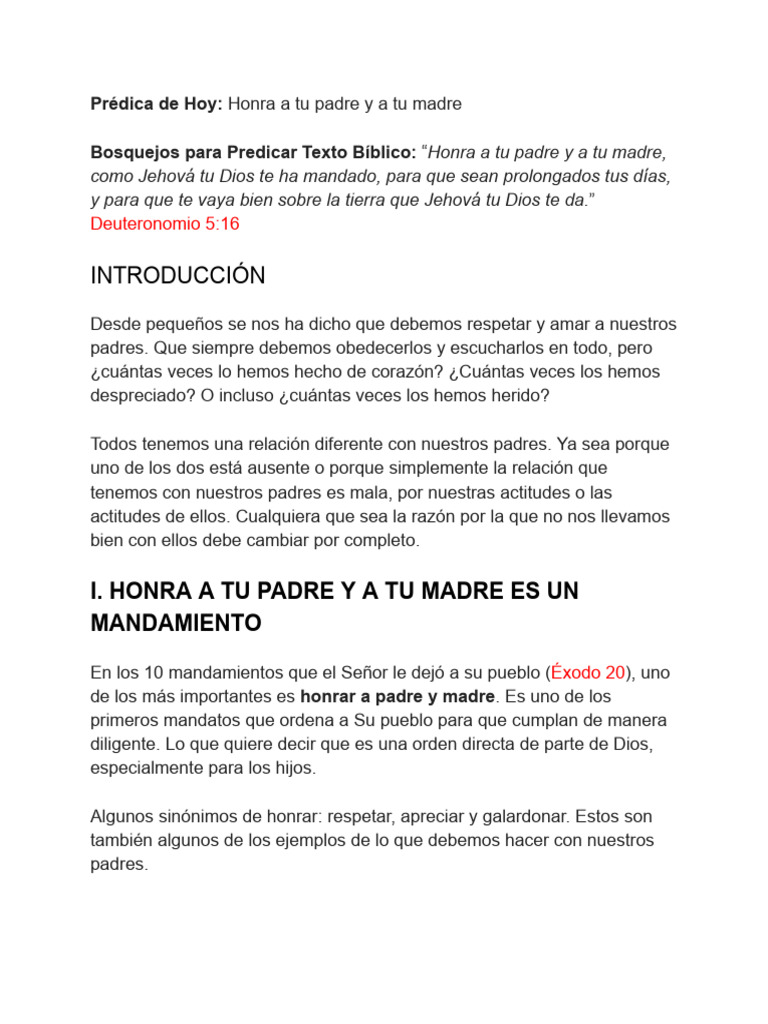 Prédica de Hoy Honra a tu padre y a tu madre | PDF | Amor | Creencia religiosa y doctrina