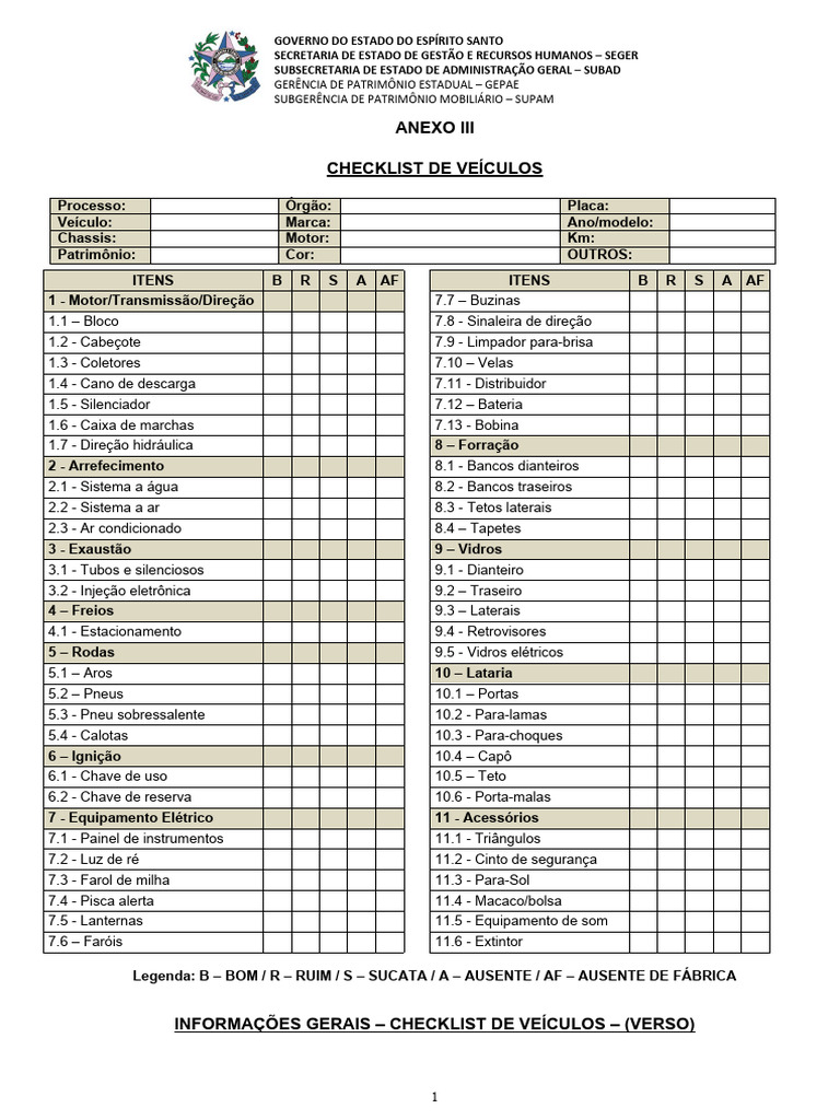 ANEXO III - Checklist de Veículos | PDF | Indústria automobilística | Veículos