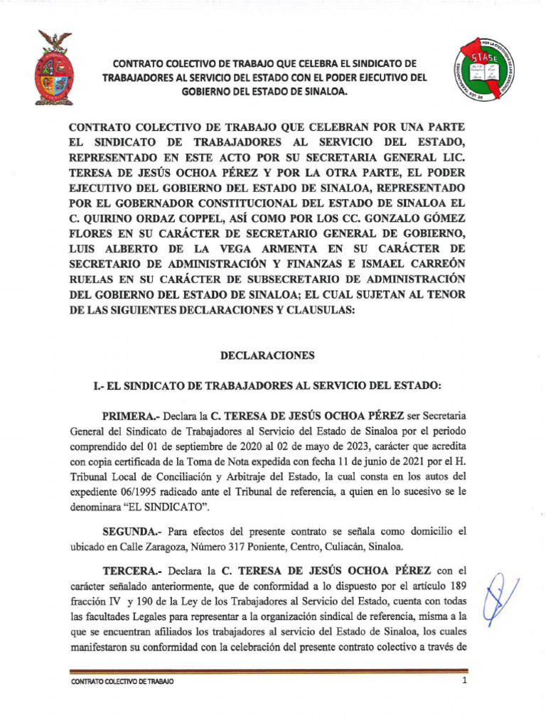 Contrato Colectivo de Trabajo 2021 Stase Poder Ejecutivo Del Gobierno Del Estado | Descargar ...