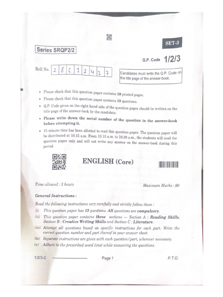 Cbse Class 12 English Core Question Paper 2024 Code 1 2 3 | PDF