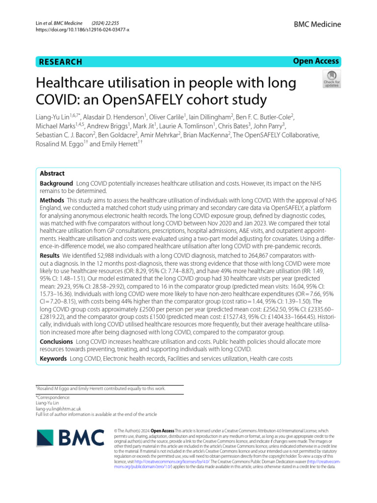 Healthcare Utilisation in People With Long COVID: An OpenSAFELY Cohort Study | PDF | Health Care ...
