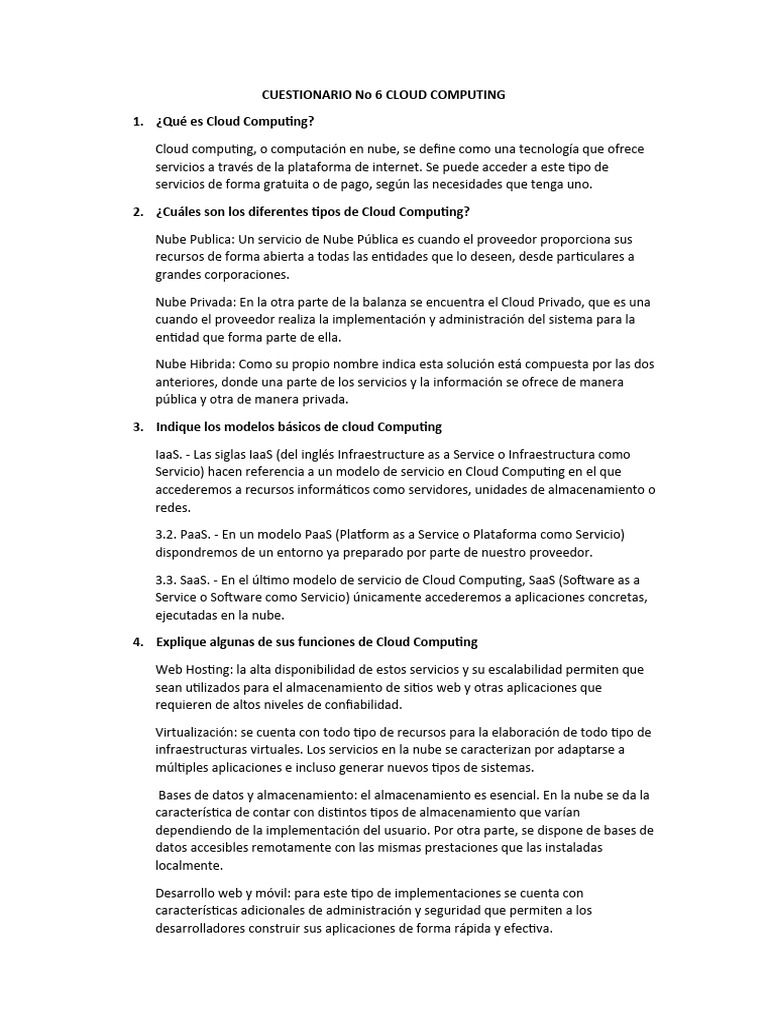 CUESTIONARIO No 6 cloud computing marcelito | PDF | Computación en la nube | Apache Hadoop