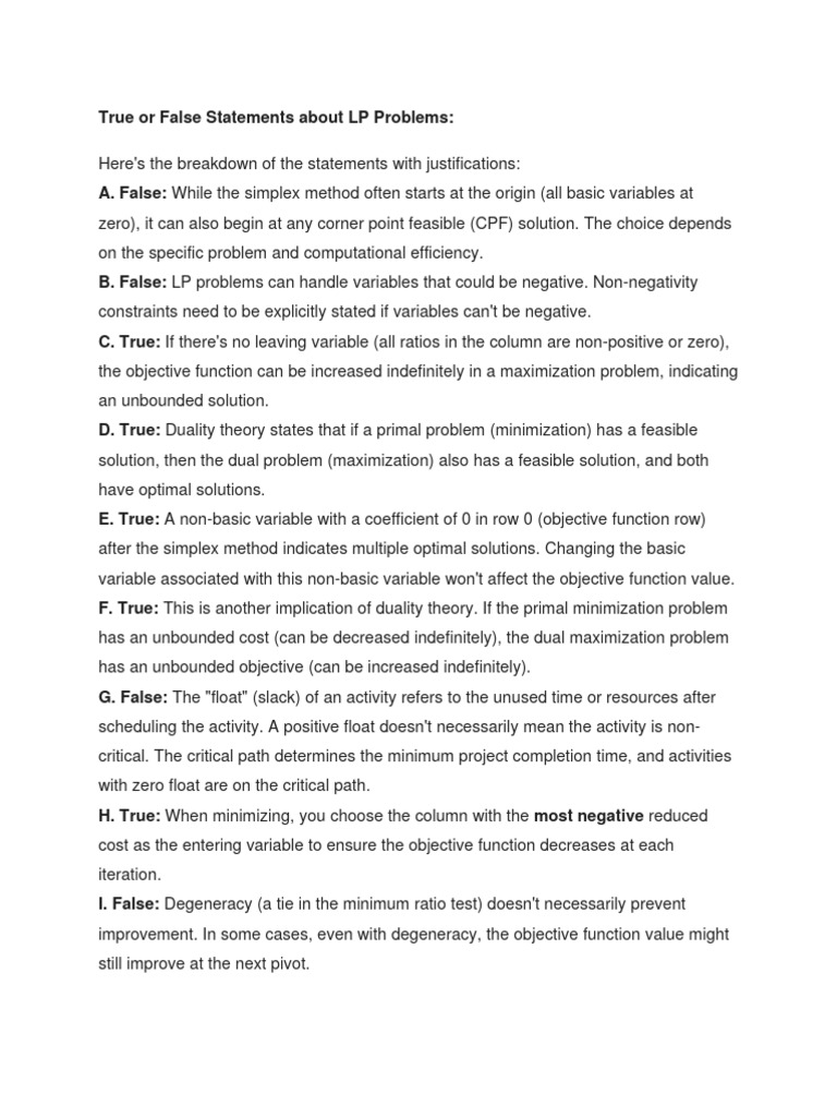 True or False Statements About LP Problems | PDF | Mathematical ...