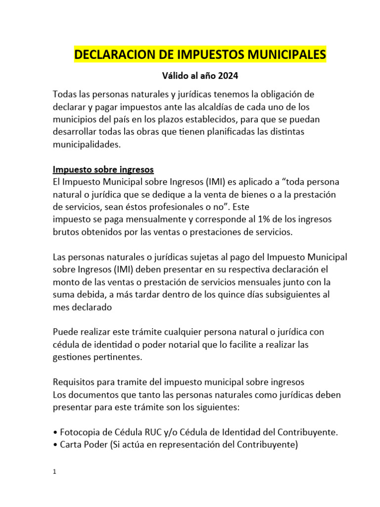 DECLARACION DE IMPUESTOS MUNICIPALES RESUMEN | PDF | Impuestos | Documento de identidad