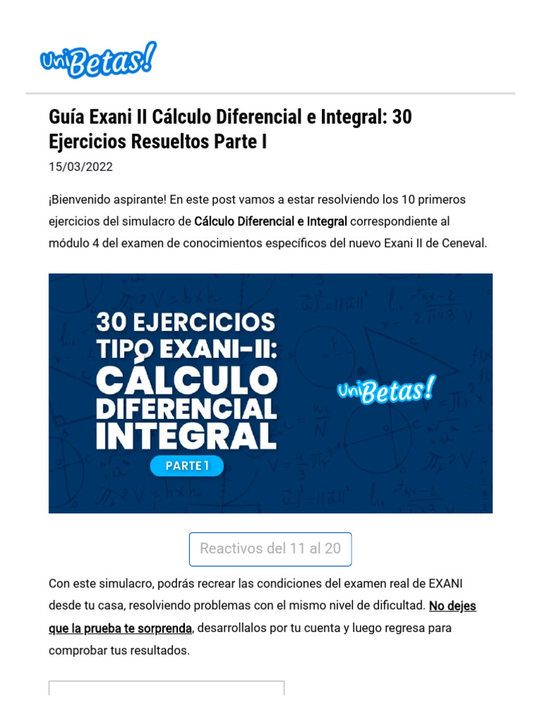 Reactivos Exani Ii Calculo | Descargar gratis PDF | Integral | Derivado