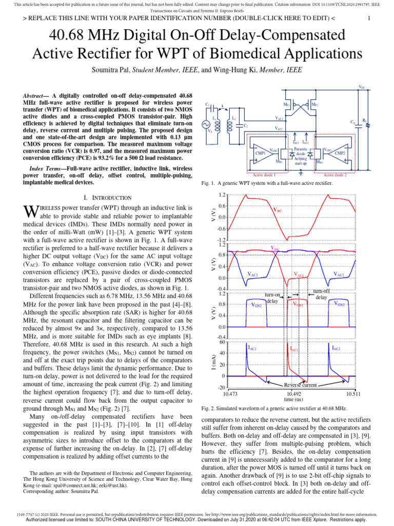 40 68 Mhz Digital On Off Delay Compensated Active Rectifier For Wpt Of Biomedical Applications Pdf