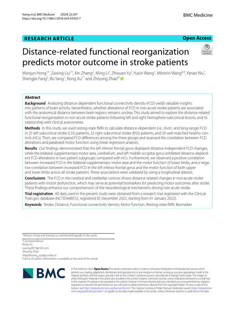 Distance-Related Functional Reorganization Predicts Motor Outcome in ...