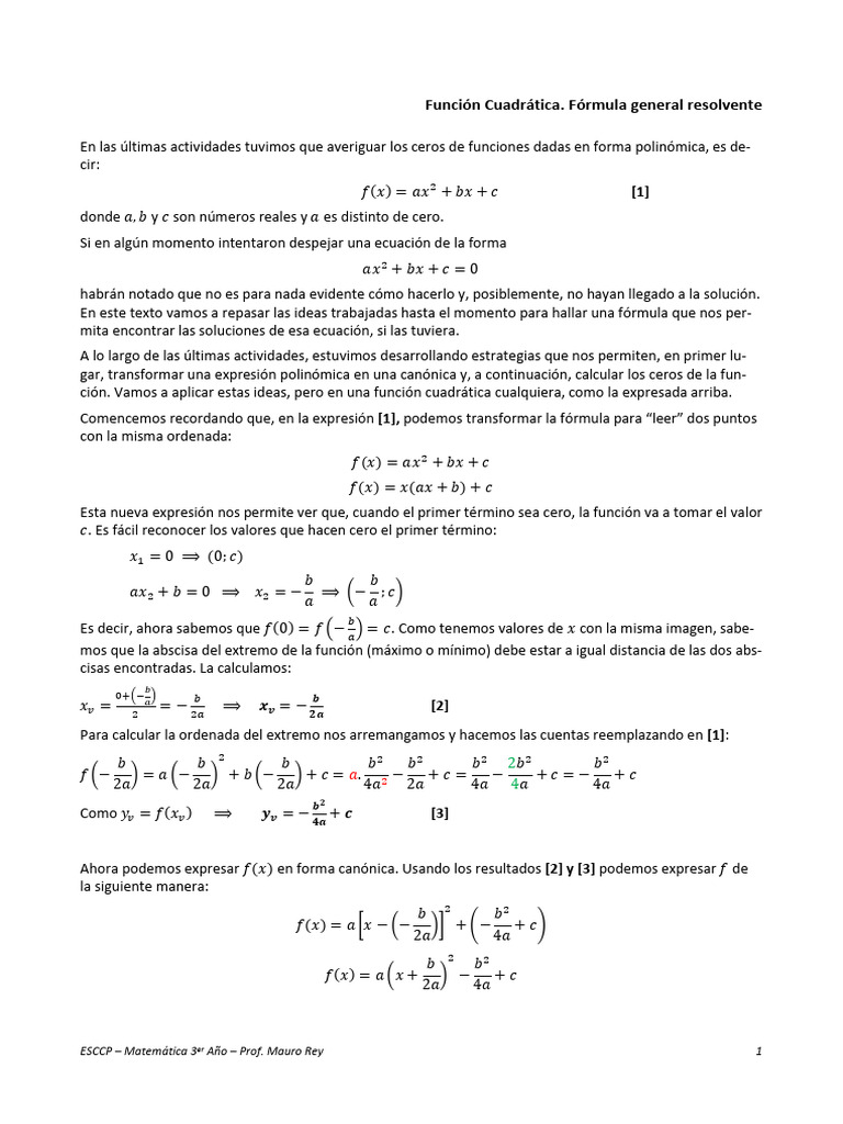 Función Cuadrática. Fórmula General Resolvente | PDF | Raíz cuadrada ...