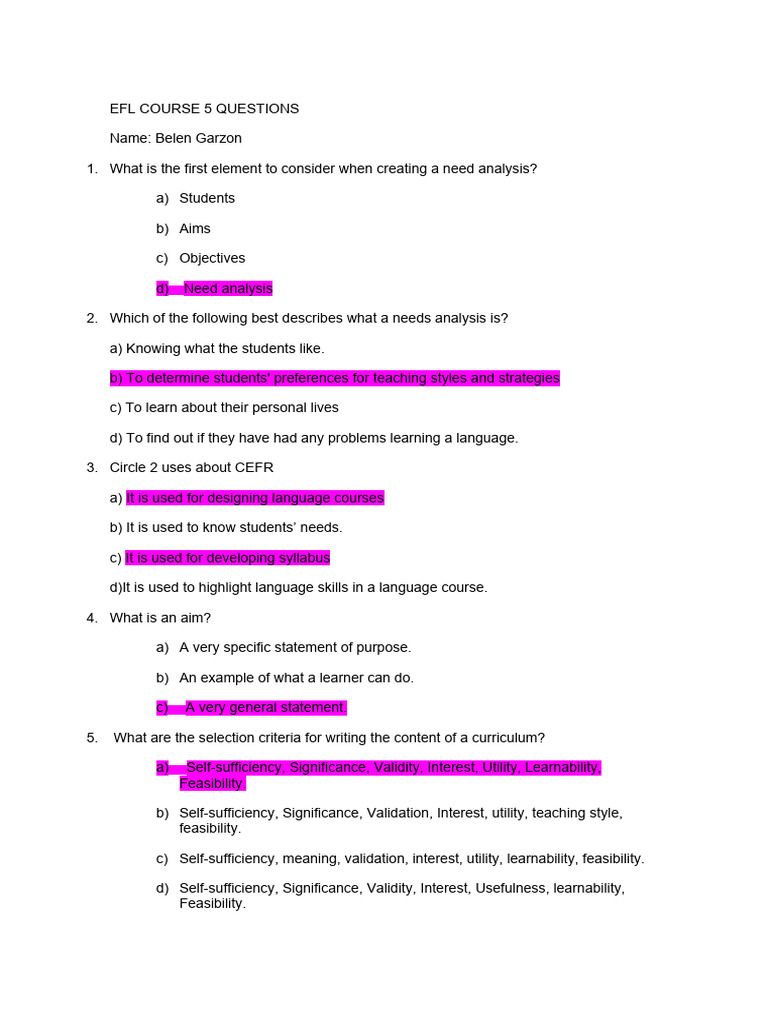 Efl Course 5 Questions | PDF