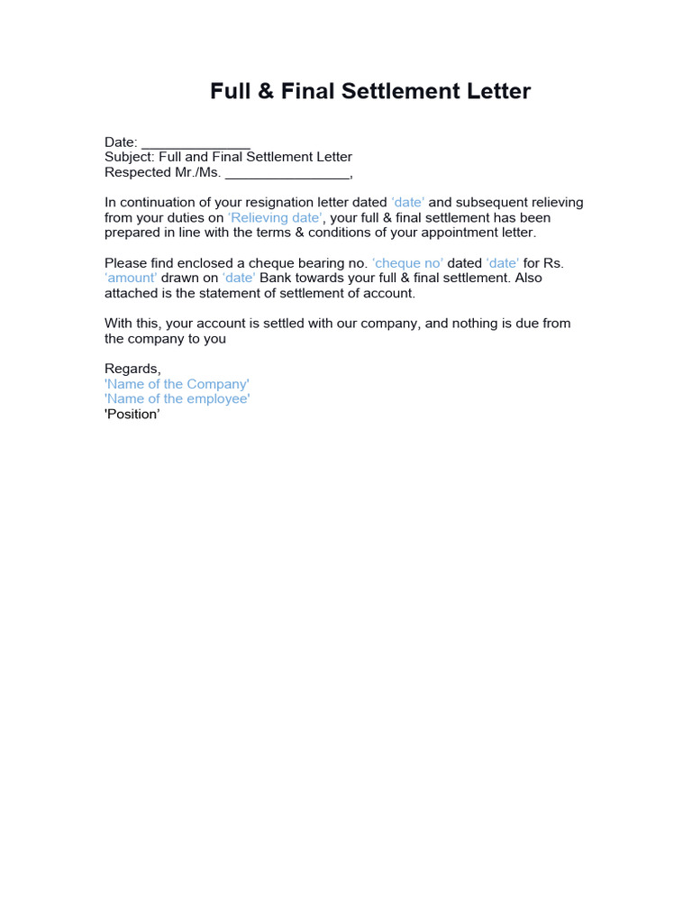 Full and Final Settlement Letter Format | PDF