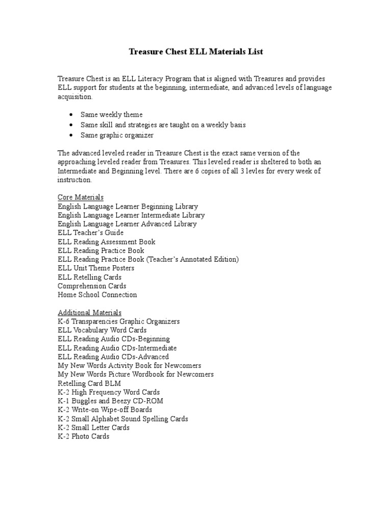 ELL Literacy Program Materials List | PDF | Language Arts & Discipline