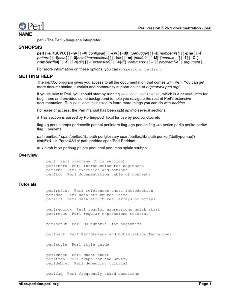 Perl 5.26.1 Documentation Overview | PDF | Perl | Regular Expression