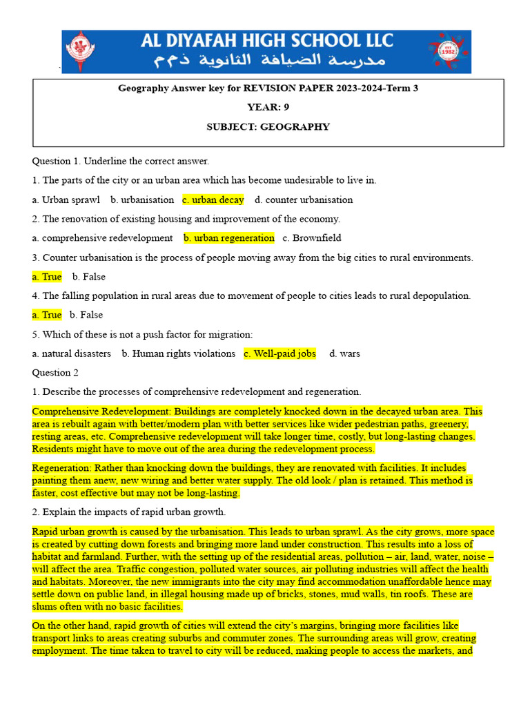 Yr 9 Geography Revision Final Exam - Answers 1 | PDF | Cost Of Living ...