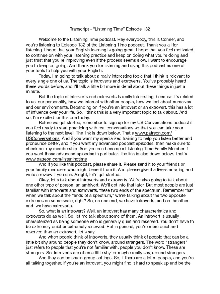 Episode 132 Transcript - Listening Time | PDF | Extraversion And Introversion | Thought