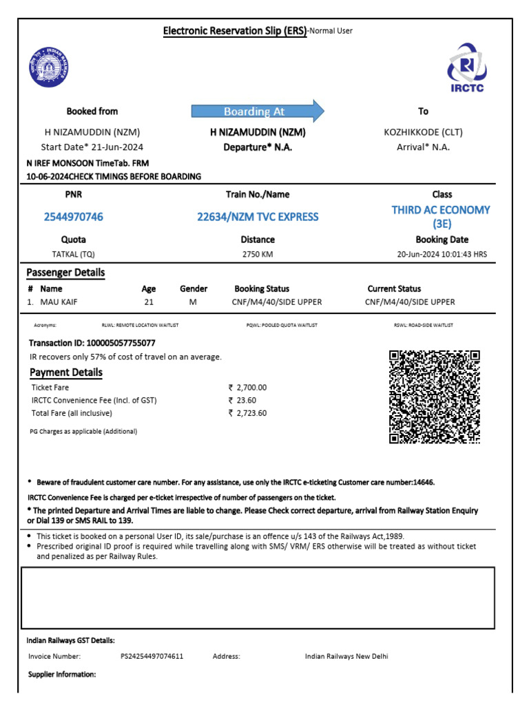 22634/Nzm TVC Express Third Ac Economy (3E) | PDF | Identity Document