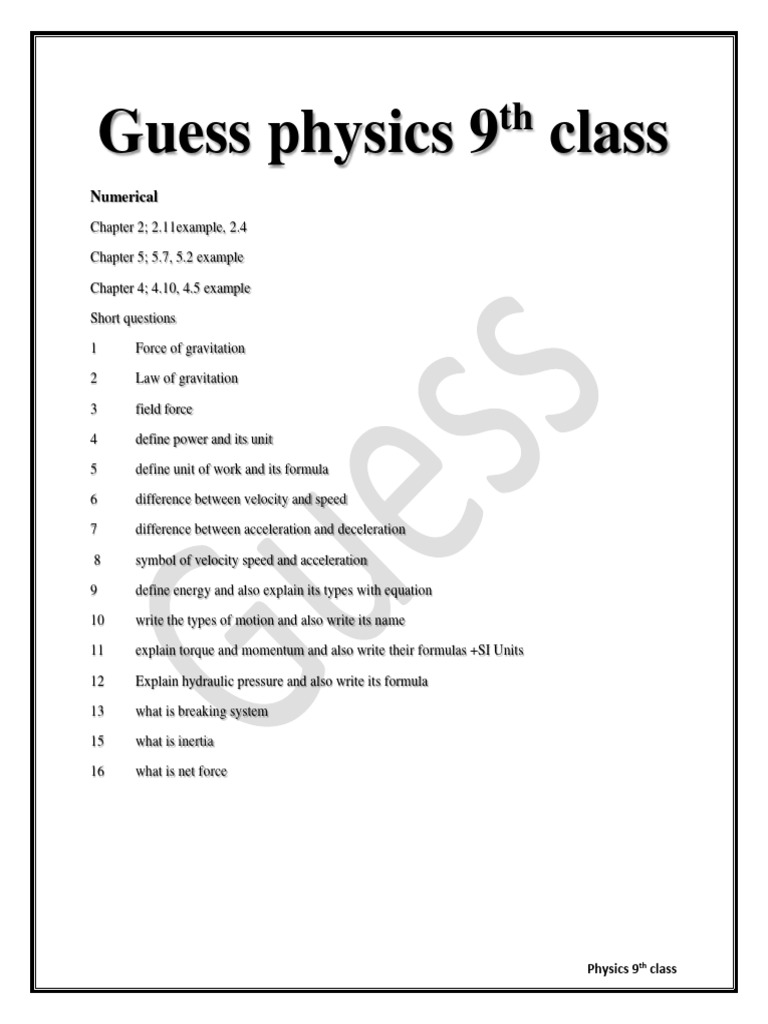 Guess Physics 9th Class | PDF | Science & Mathematics