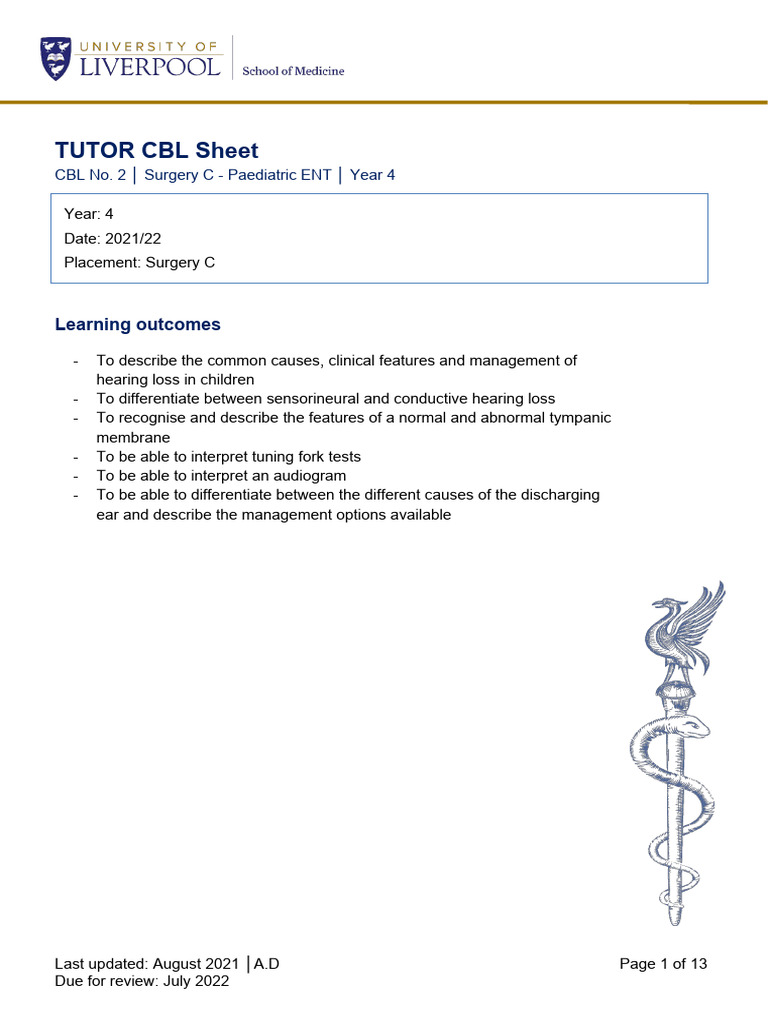 1PaedsENTYear 4 Surgery C CBL Tutorial - Paediatric ENT - Tutor Sheet | PDF | Ear | Hearing