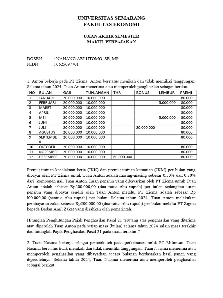 Soal Uas Perpajakan 2024 | PDF | Pengelolaan Keuangan & Uang | Griya & Taman