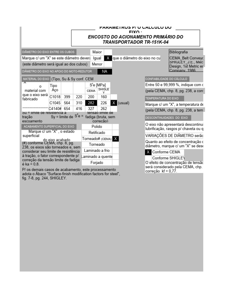 Encosto Do Acionamento Primário Do Transportador Tr-151K-04: Parâmetros P/ O Cálculo Do Eixo ...