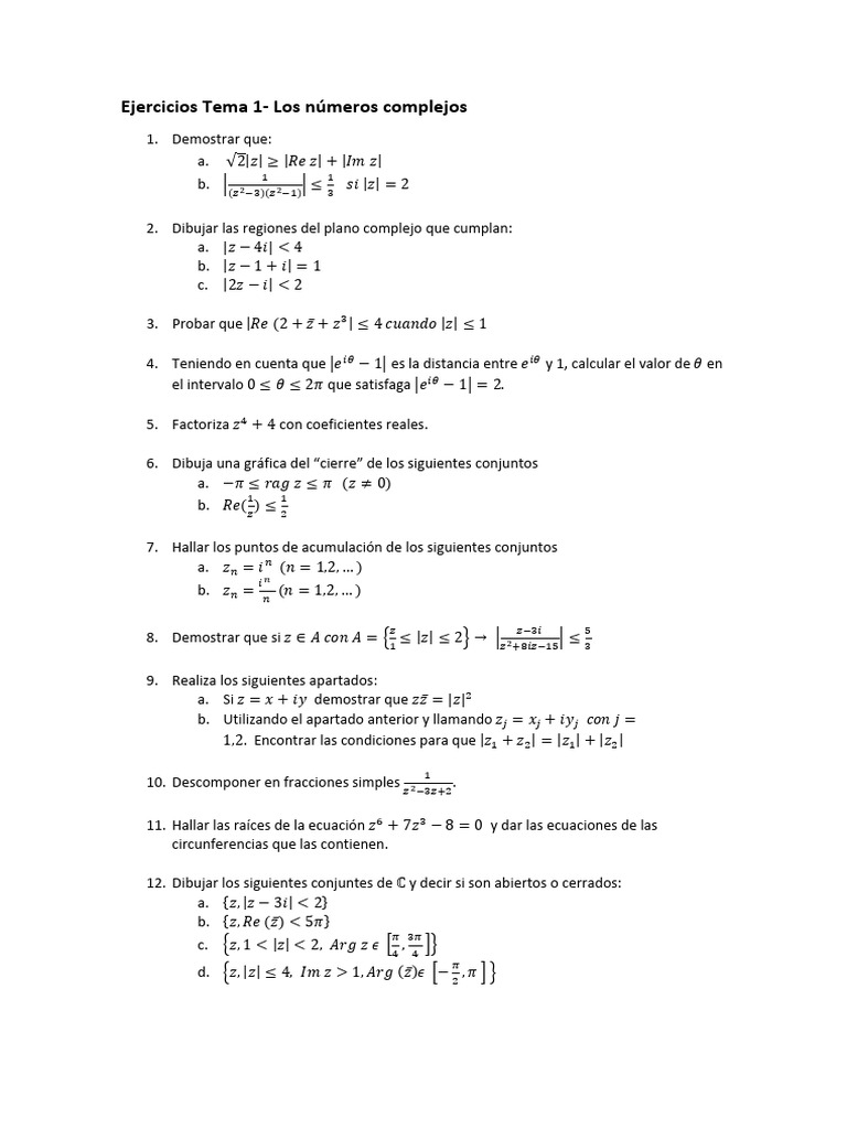 Ejercicios_Tema_1 | Descargar gratis PDF | Matemáticas | Análisis complejo